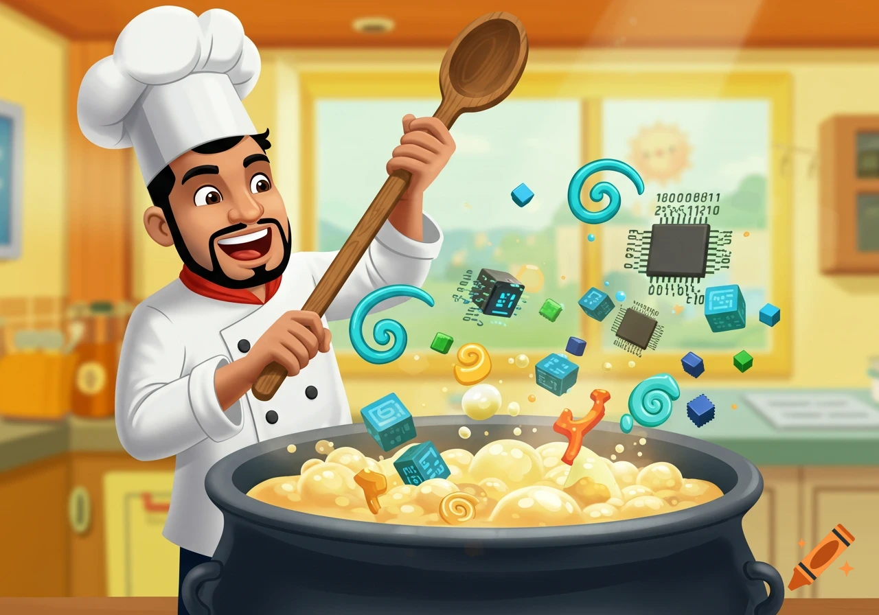 A cartoon chef stirs a large pot filled with digital ingredients like ...