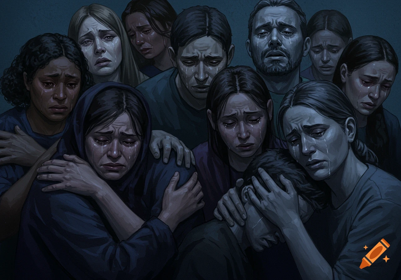 Illustration of a group of people crying and embracing in grief. on Craiyon