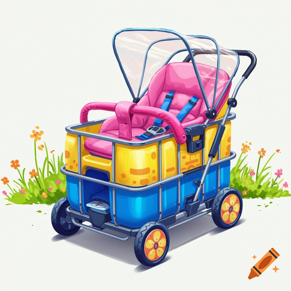 Colorful baby trolley made from an IBC container, surrounded by grass ...