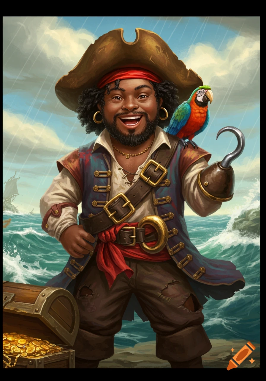 Smiling pirate with hook hand and parrot stands by treasure chest on ...