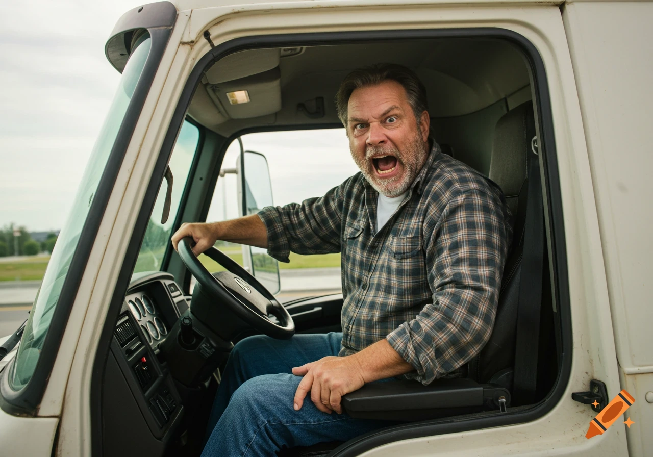 Man with exaggerated expression yelling while driving a truck. on Craiyon
