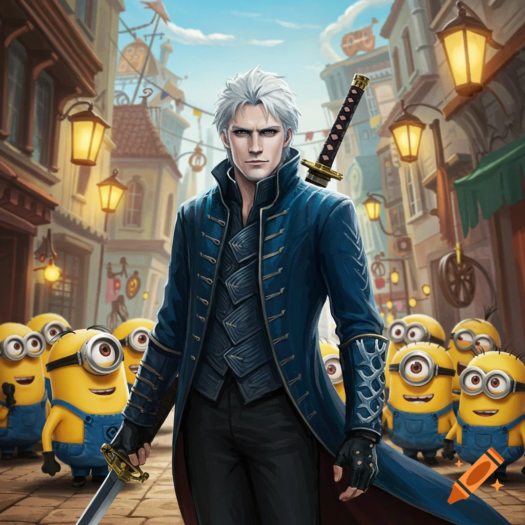 Vergil from Devil May Cry stands in a street scene surrounded by ...