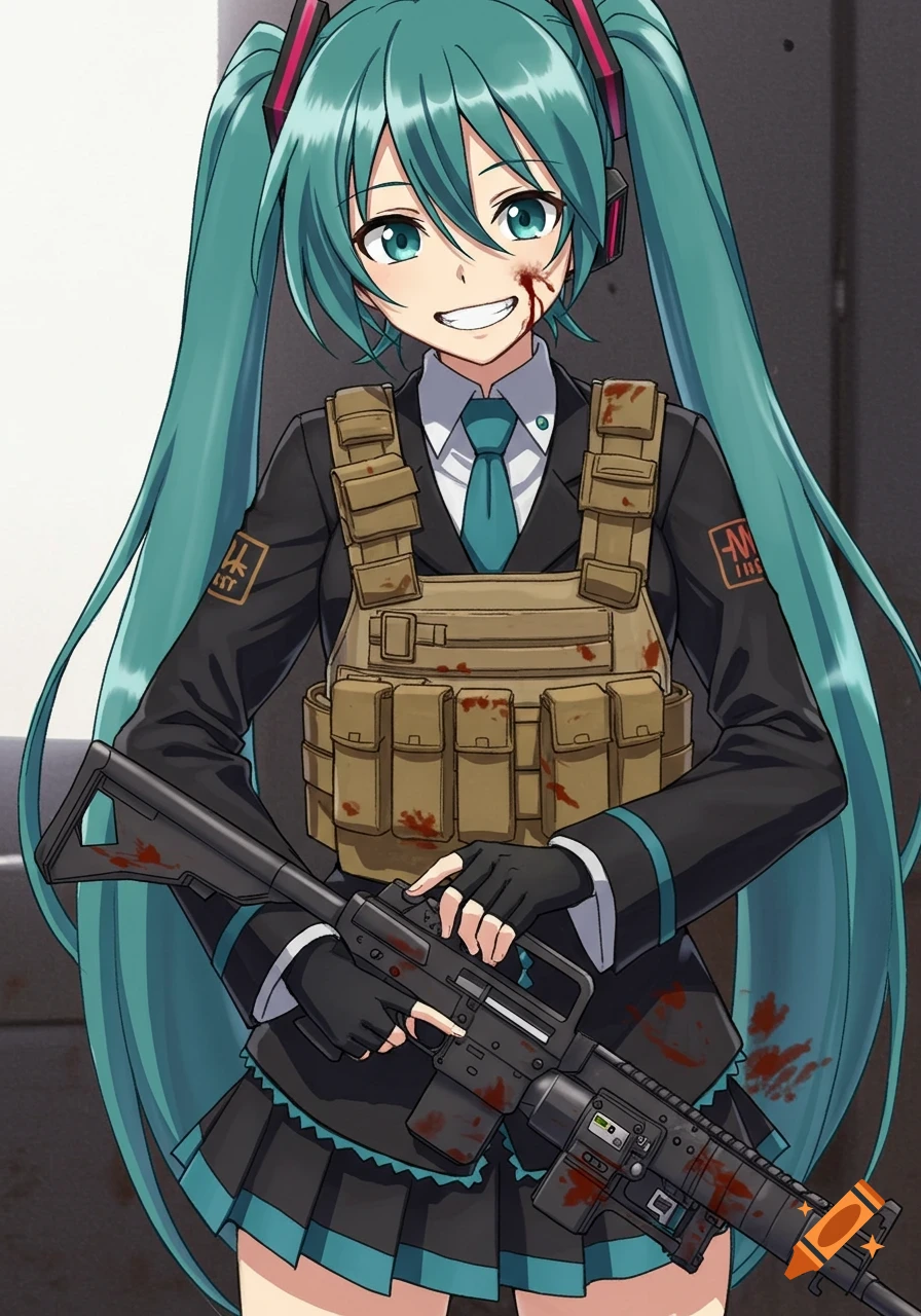 Hatsune Miku in a suit, tactical vest, and skirt holds a rifle, smiling ...