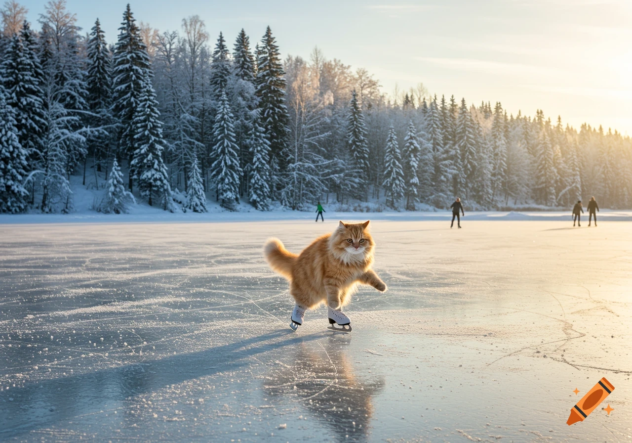 An orange cat ice skating on a frozen lake in a snowy forest landscape ...
