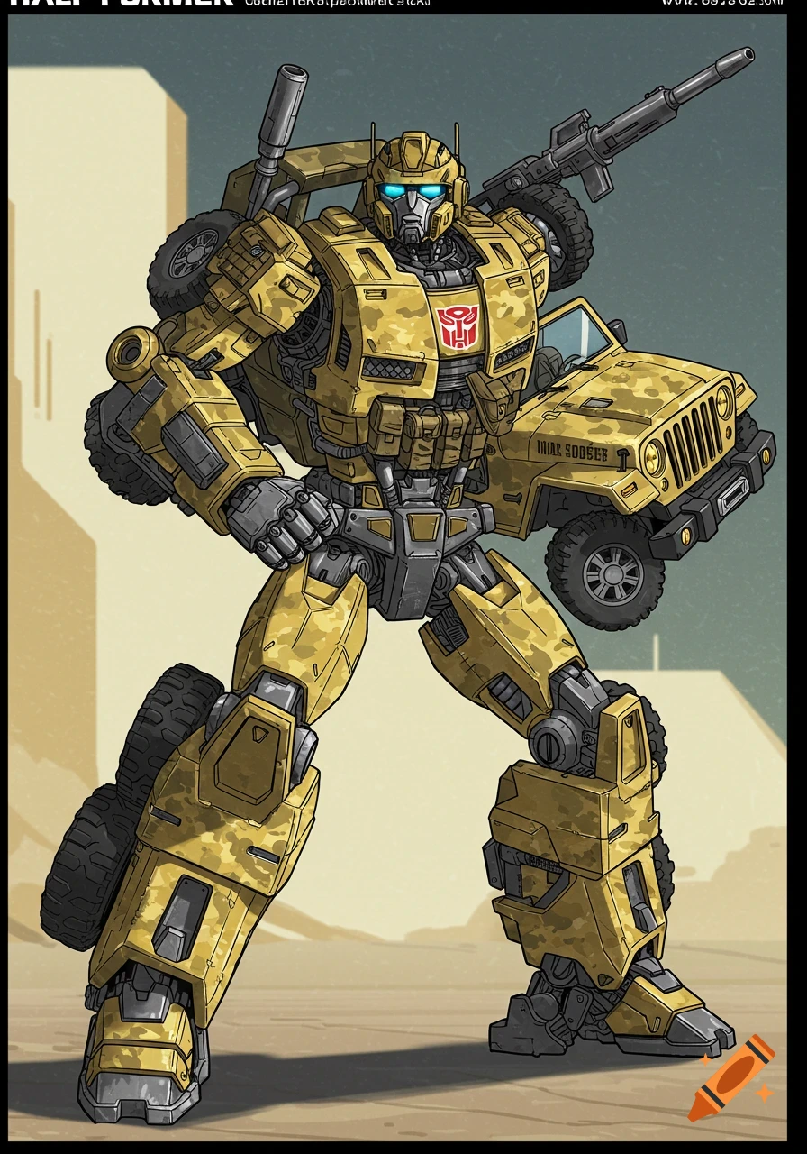 Camouflage robot made of jeep parts holds a jeep in a desert landscape ...