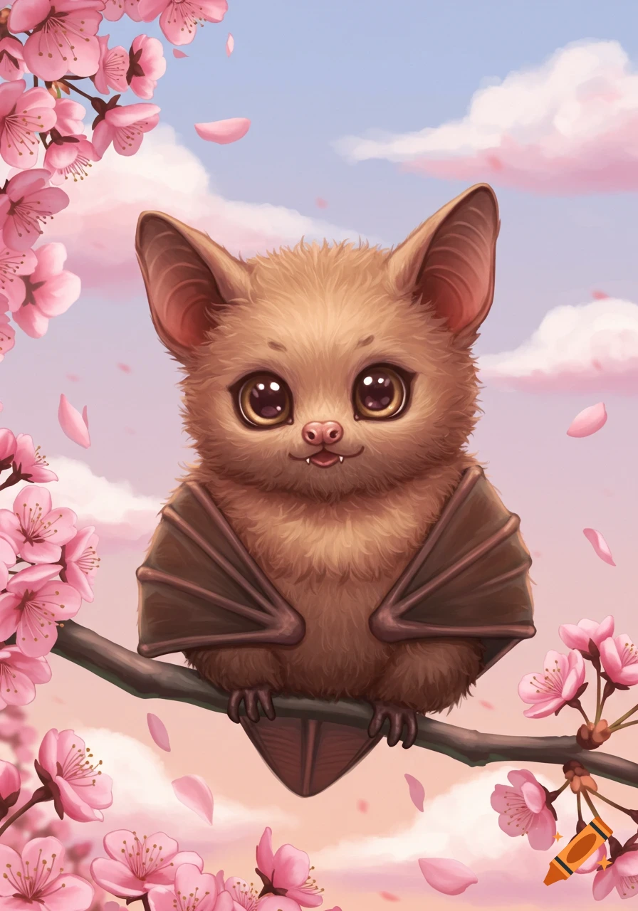 A cute bat sits on a cherry blossom branch with falling petals against ...