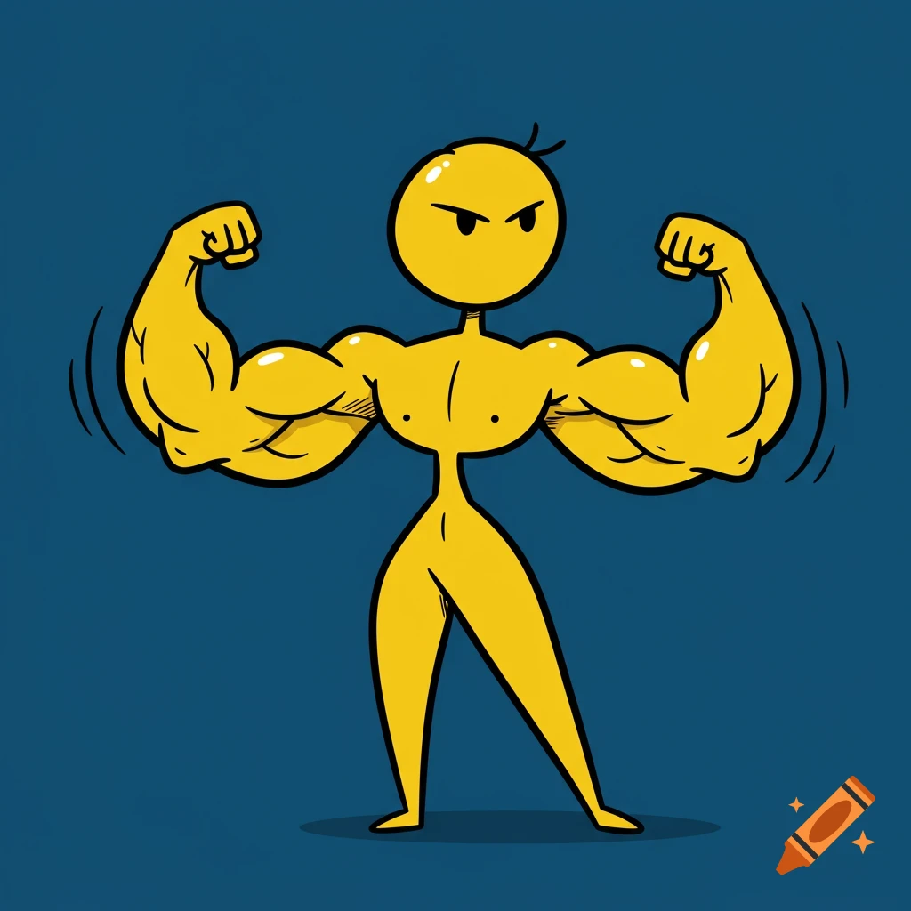 A yellow stick figure with large muscles flexing its arms against a blue background. on Craiyon