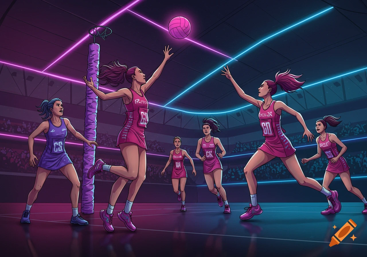 Comic book illustration of female athletes playing netball in a ...