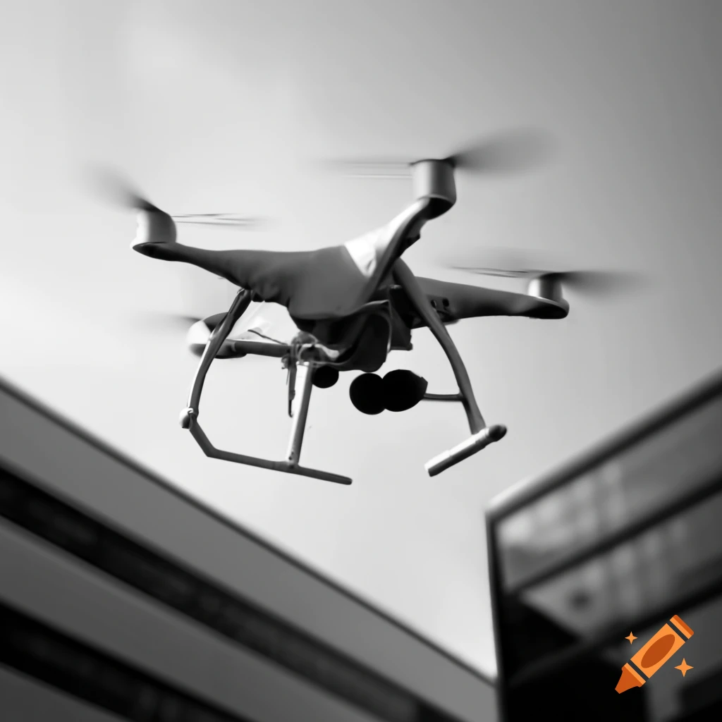 Monochrome image of drones flying over office building on Craiyon