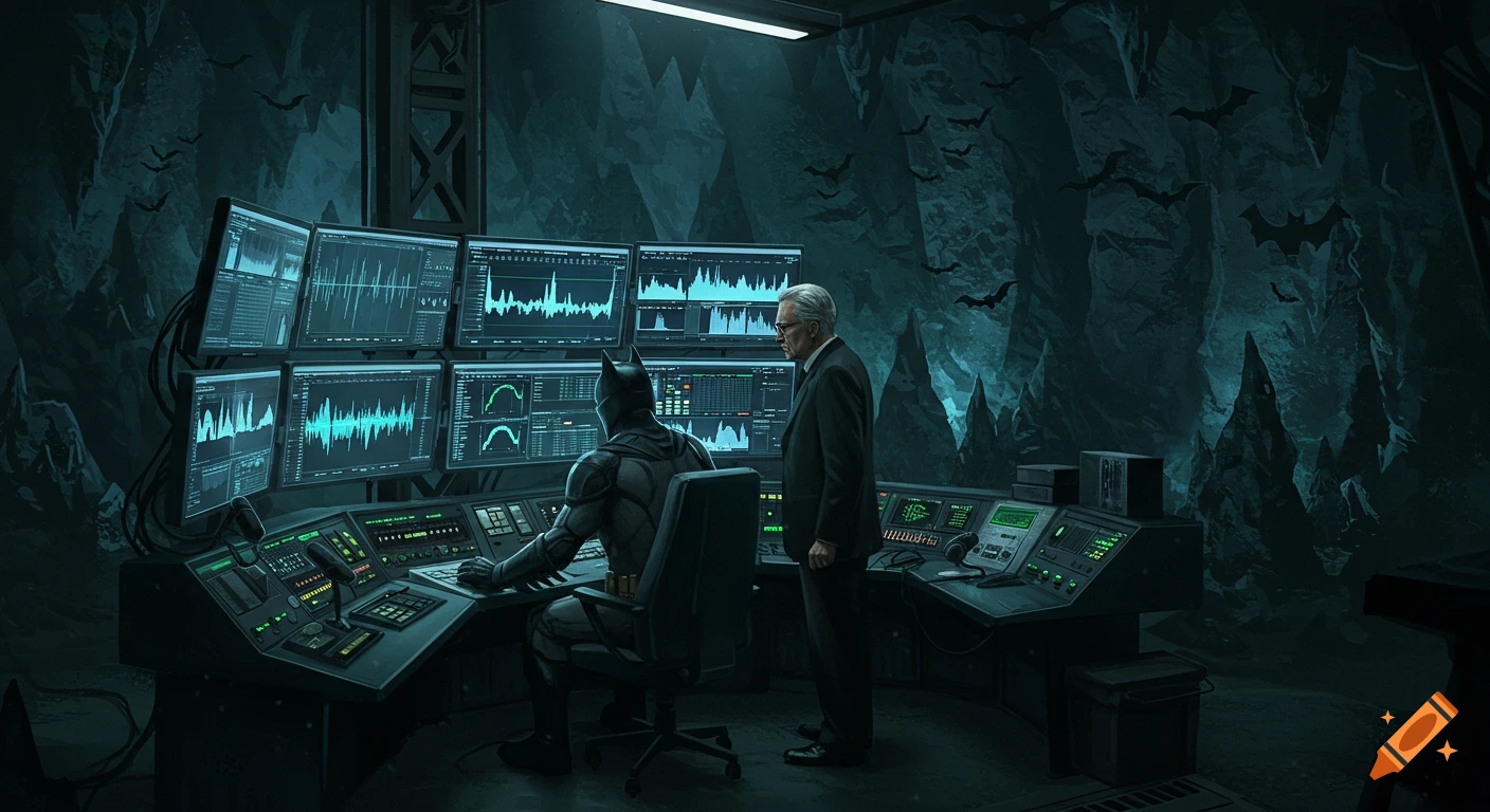 Batman and Alfred analyze data on monitors in the Batcave. on Craiyon