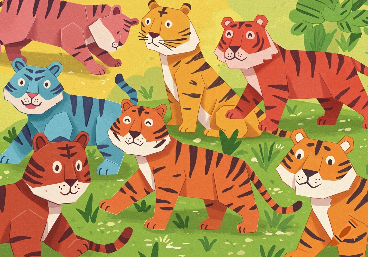Stylized illustration of multiple tigers in a jungle setting, appearing ...