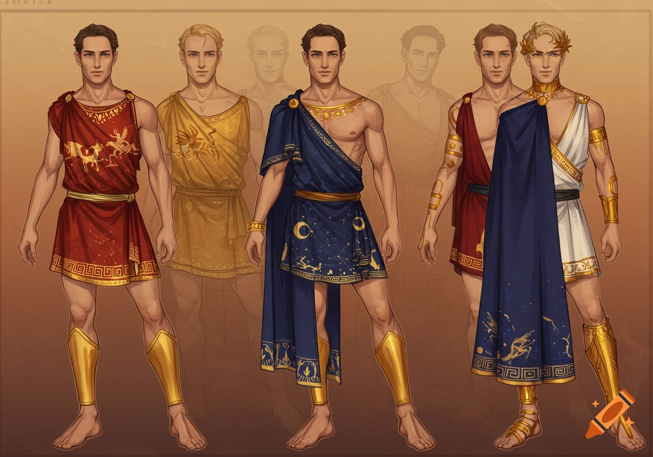 Illustrations of men wearing different ancient Greek fantasy clothing ...