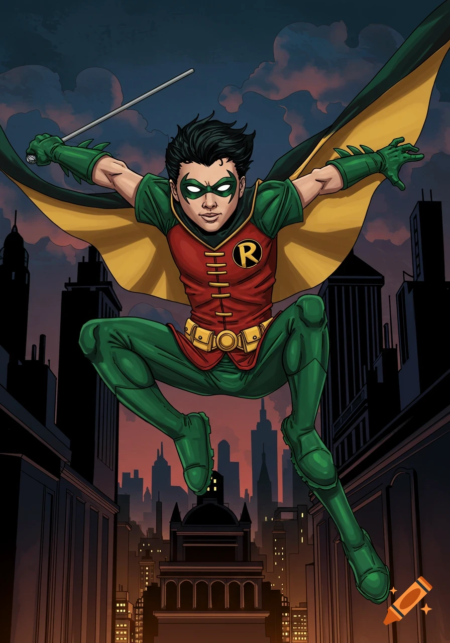 Robin jumps over a dark cityscape in a comic book style illustration ...