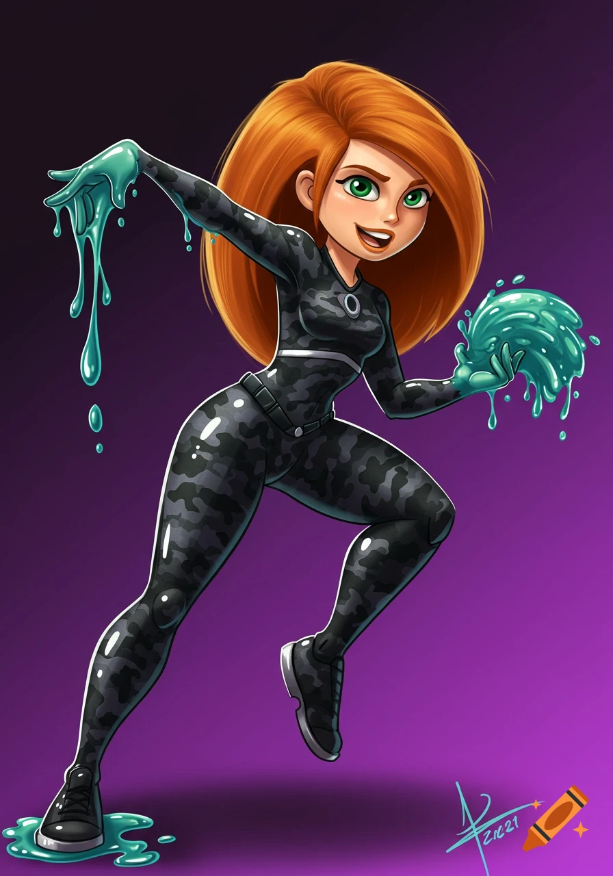 Cartoon of Kim Possible in a black camo suit with green slime dripping ...