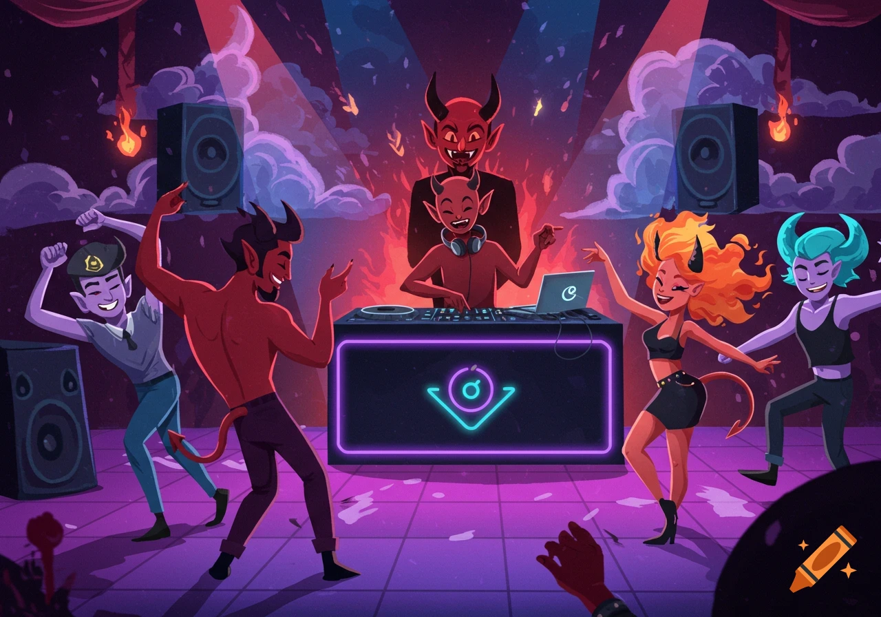 Cartoon devils and imps dance and DJ in a friendly version of hell. on Craiyon
