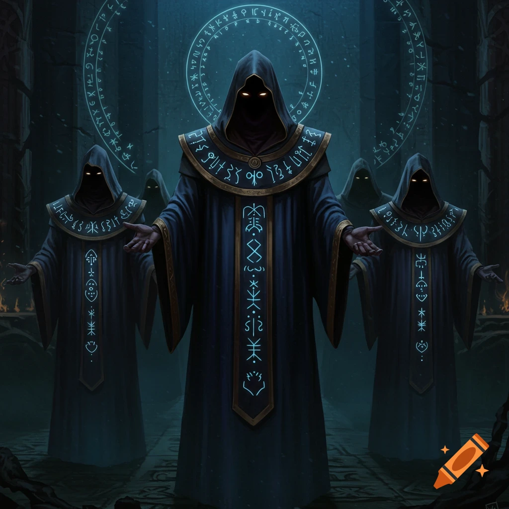 Several robed figures with glowing eyes and symbols stand in a dark ...