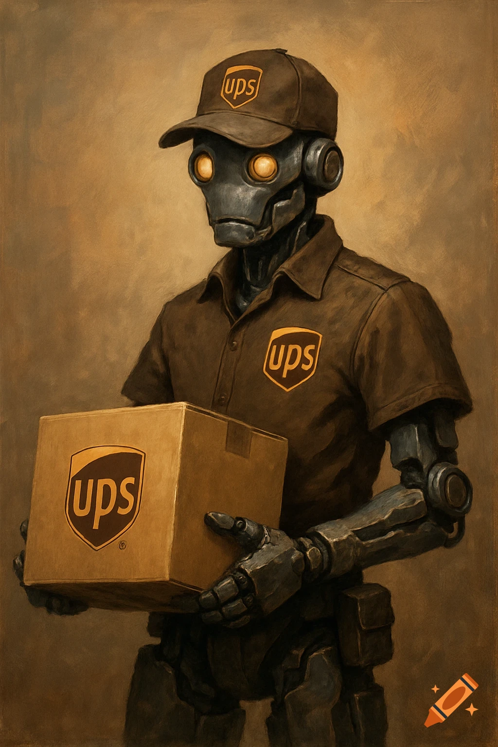 Robot wearing a UPS uniform holding a package, in a painterly style. on ...