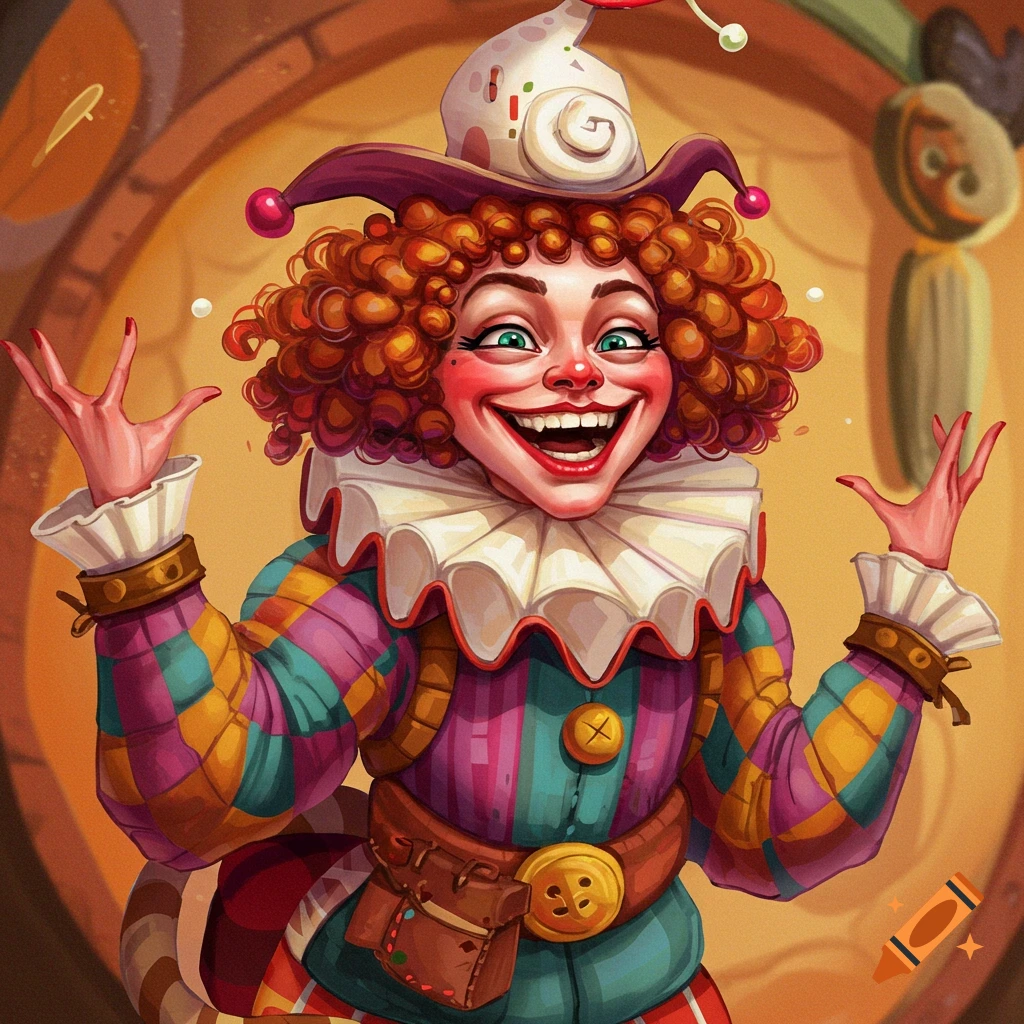 Cartoonish jester character with curly hair, wide grin, and colorful ...