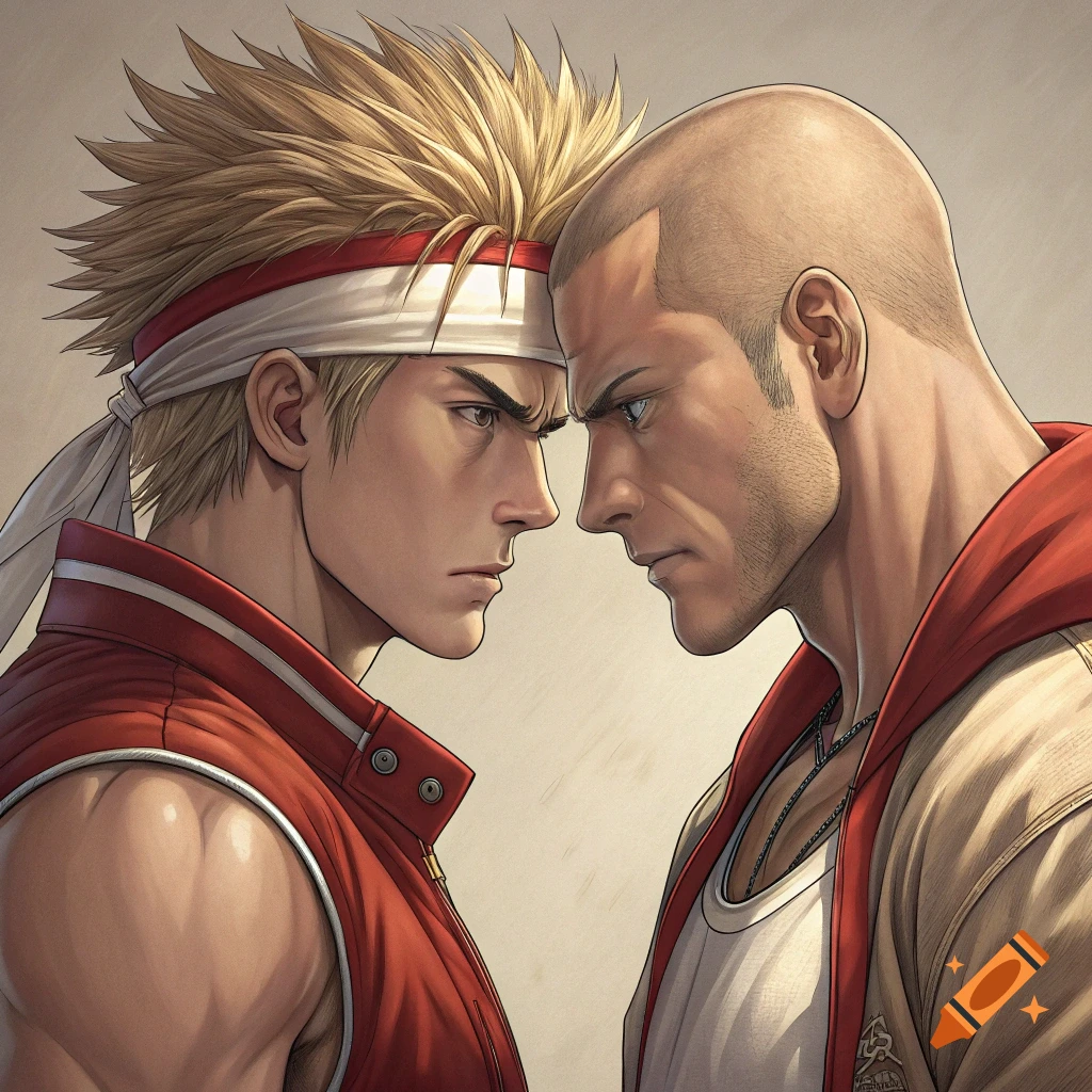 Two male characters face each other closely in anime art style. on Craiyon