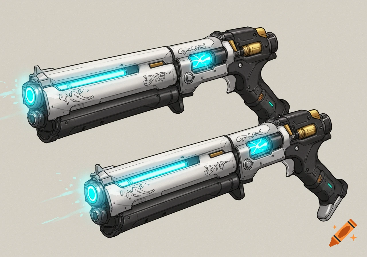 Two futuristic hand cannons with glowing blue details and ornate ...