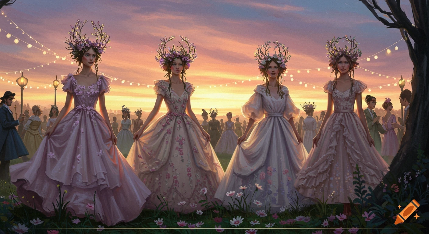 Fantasy fashion party at sunset with women in floral crowns and ...