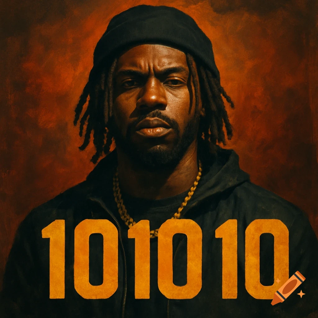 Portrait of a man resembling a rapper with large orange numbers 101010 ...