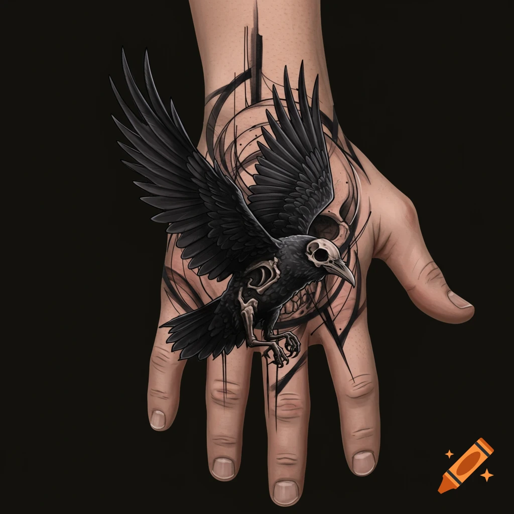 Tattoo design of a skeletal raven on a hand with abstract lines on Craiyon