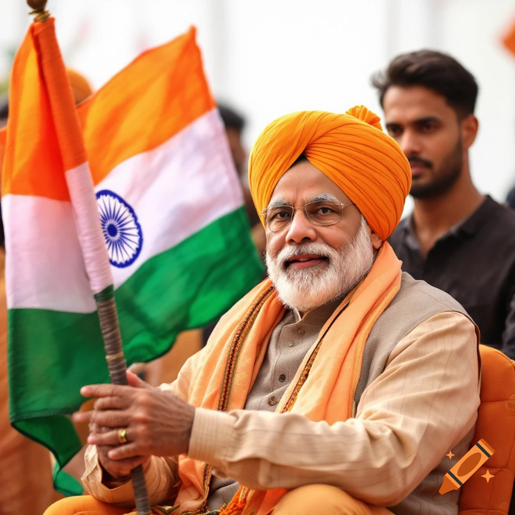 Man resembling Narendra Modi in orange turban holds Indian flags. on ...