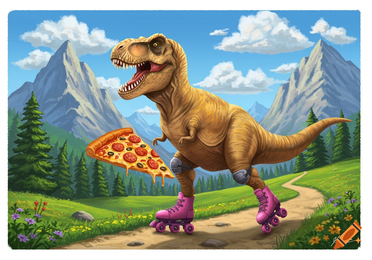 Cartoon Tyrannosaurus Rex roller skating through a mountain landscape ...
