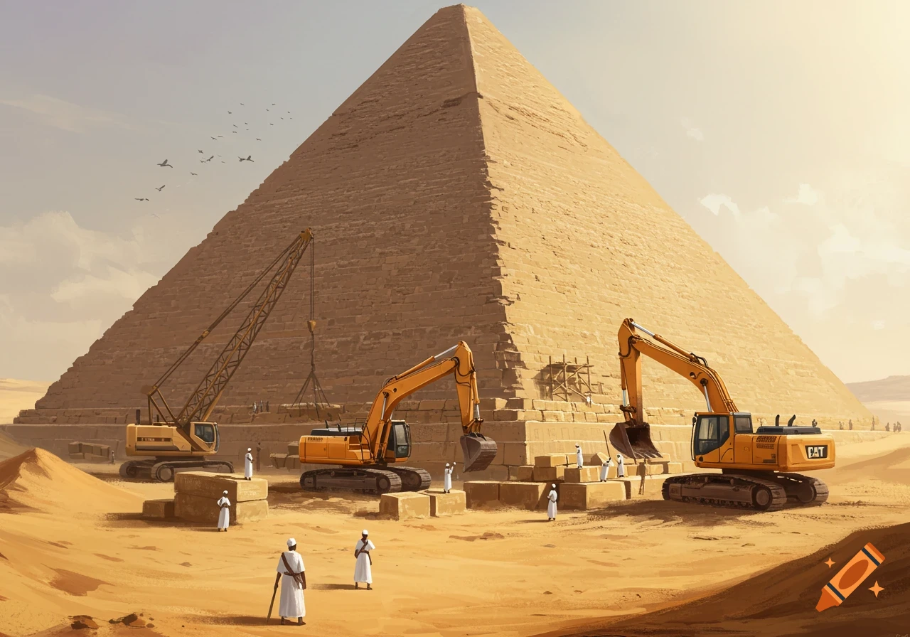 A large pyramid being constructed in a desert with modern yellow ...
