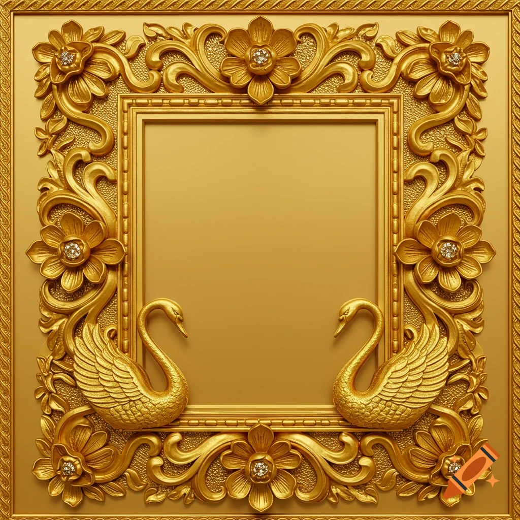 Ornate golden picture frame with swan and floral carvings. on Craiyon