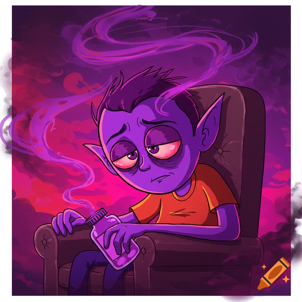 Purple cartoon character with pointy ears sits in chair, looking tired ...