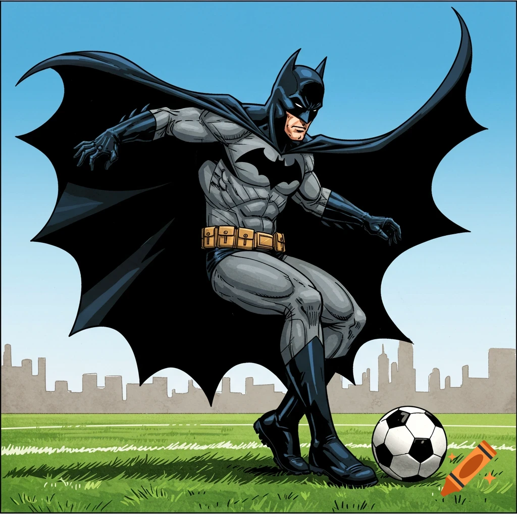 Batman playing football on a field in a comic book style. on Craiyon