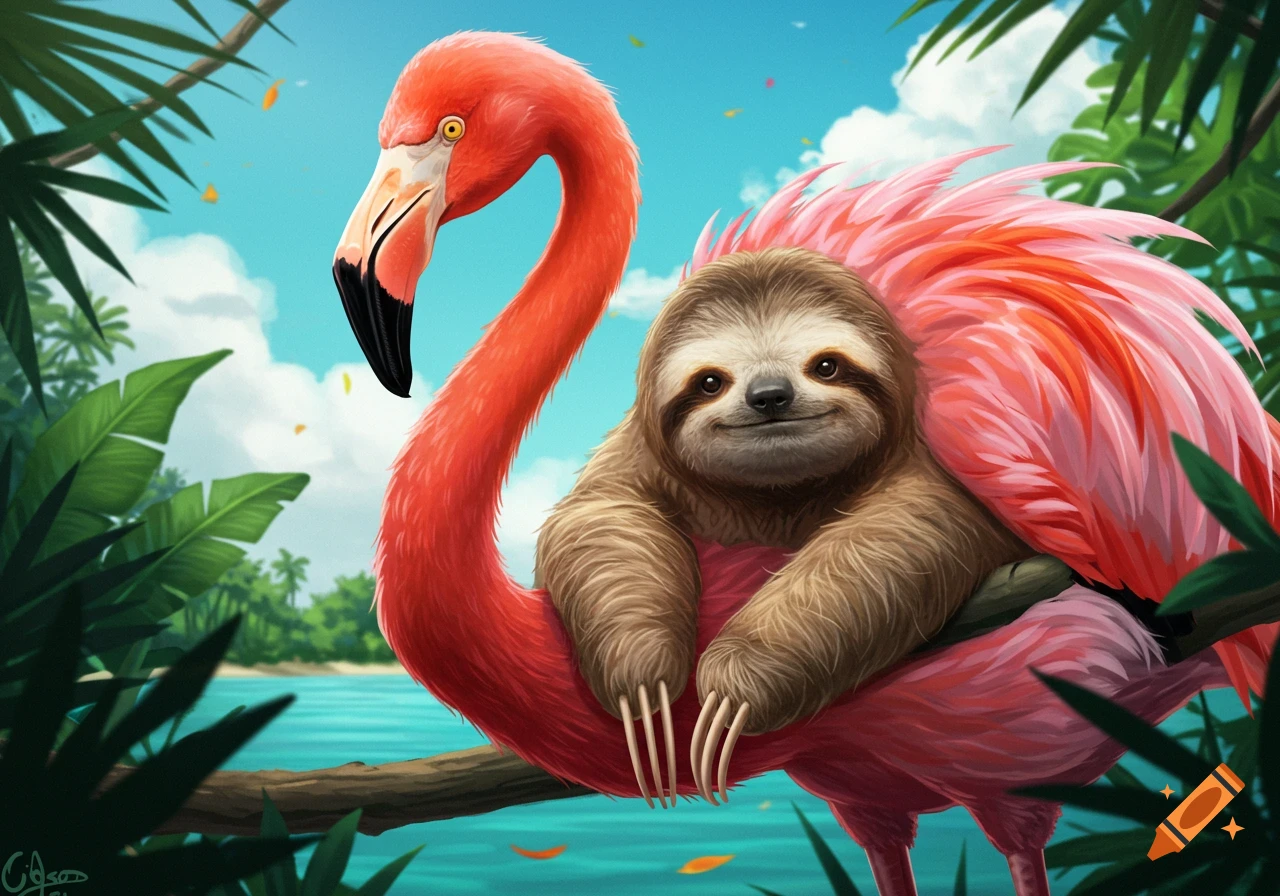 Illustration of a cute sloth riding on a flamingo's back in a tropical ...