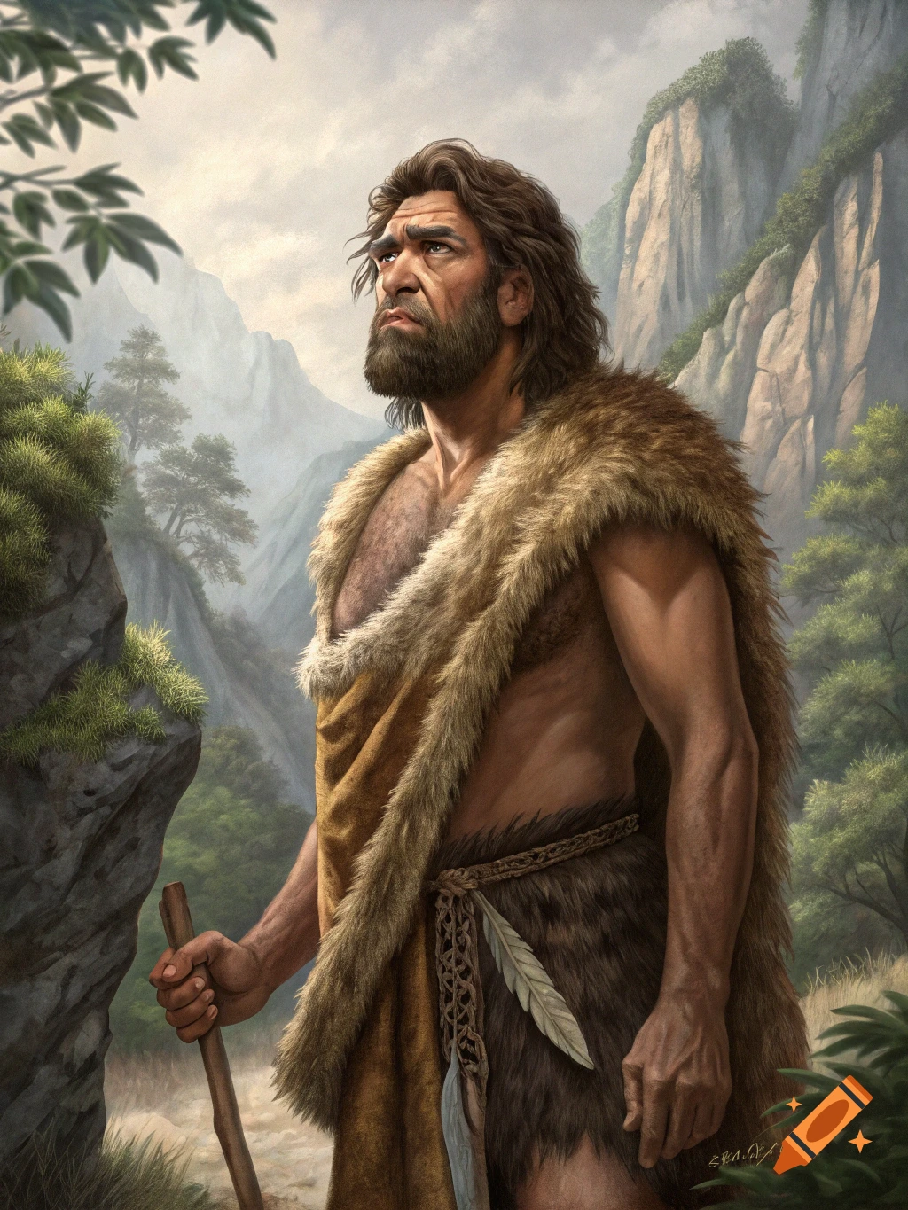 Illustration of a caveman standing in a mountain landscape. on Craiyon