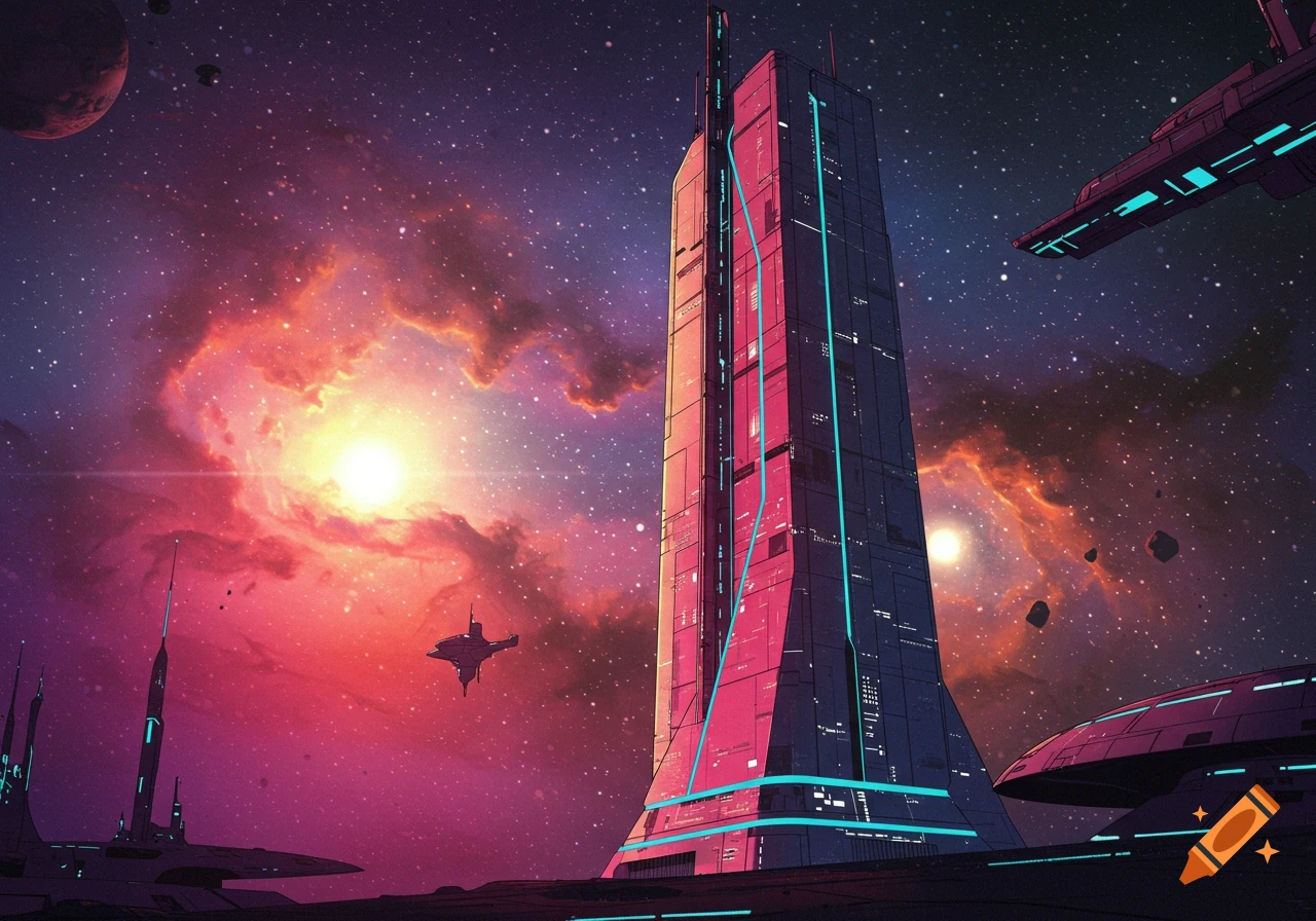 A tall futuristic tower and spaceships in a colorful nebula and ...