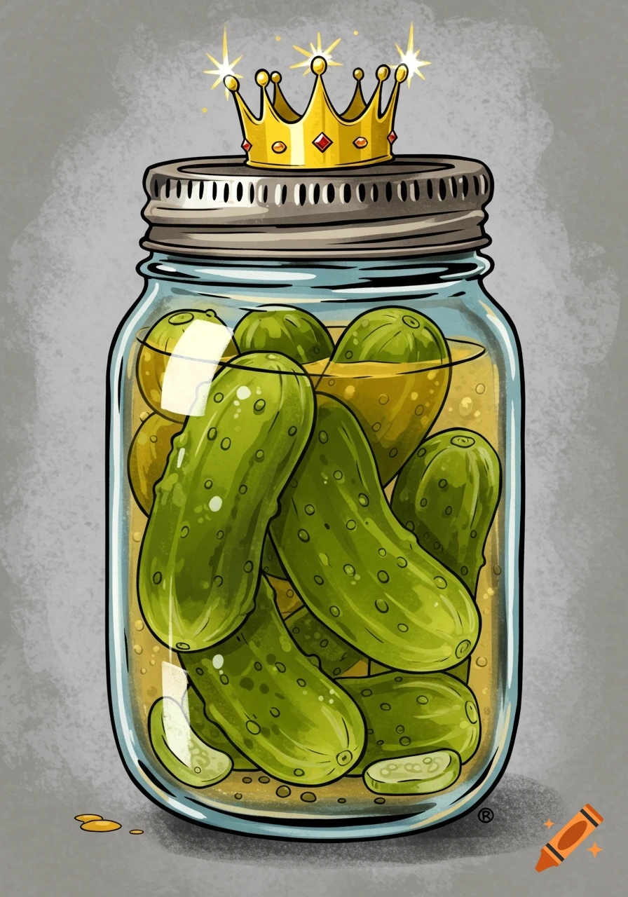 Illustration of a jar of pickles wearing a golden crown. on Craiyon