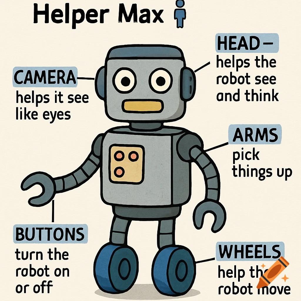 Cartoon illustration diagram of a robot named Helper Max with labels ...