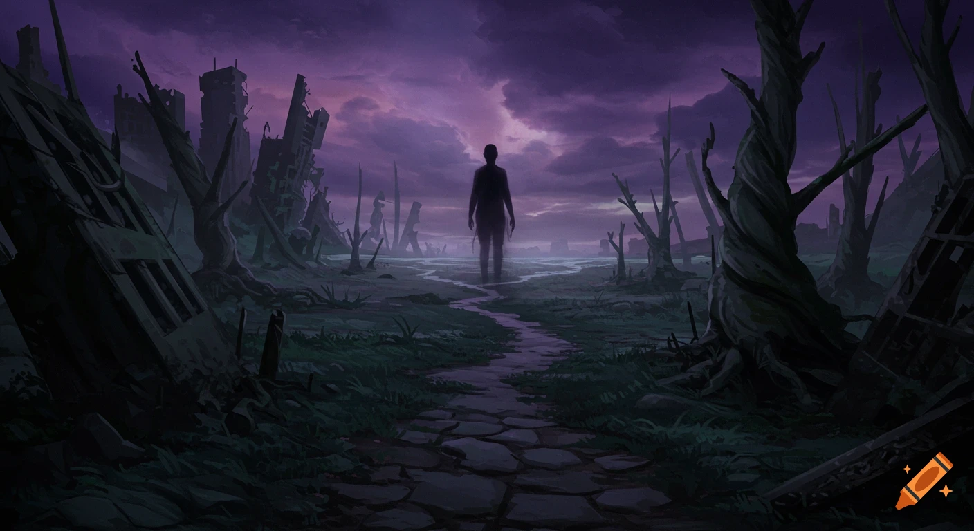 A figure stands on a path in a desolate landscape of ruins under a ...