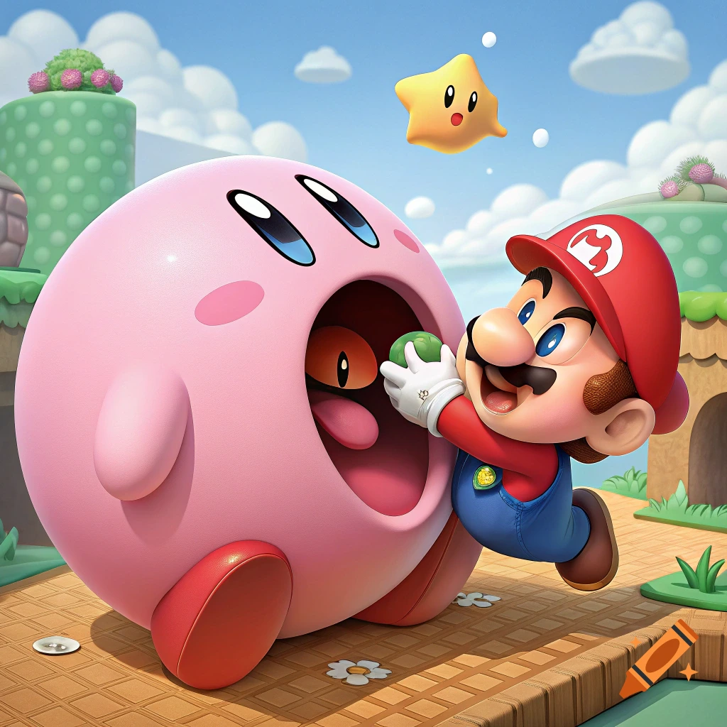 Kirby opens his mouth wide as Mario tries to feed him a green object in a Super Mario Bros ...