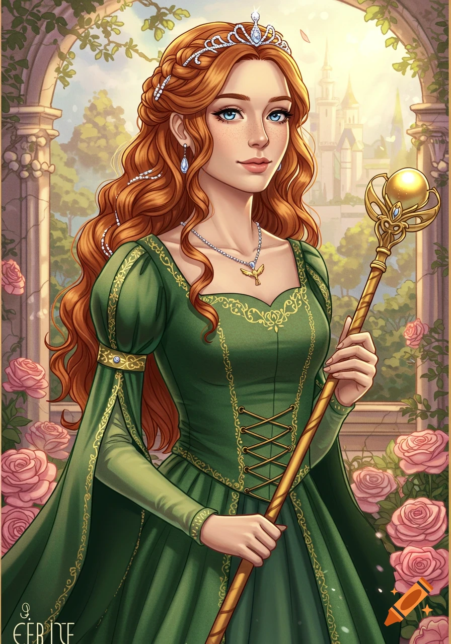 An illustration of a red-haired princess in a green dress holding a staff in a rose garden. on ...
