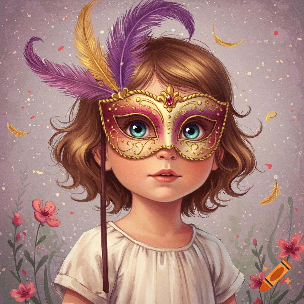 Stylized portrait of a young child wearing a colorful masquerade mask ...