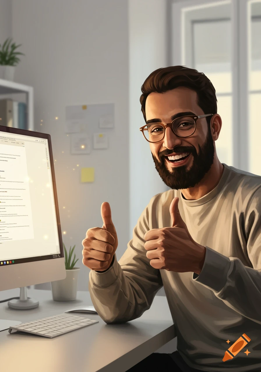 Smiling man in glasses gives thumbs up at a computer in an office. on ...