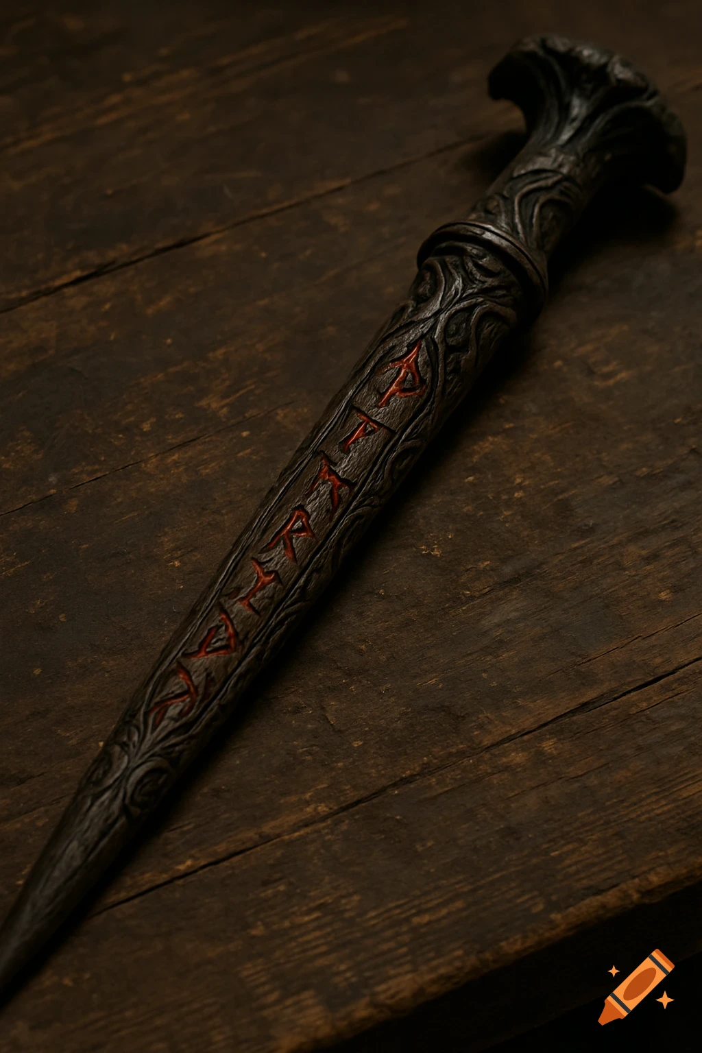 A fantasy dagger with red runic inscriptions rests on a dark wooden ...