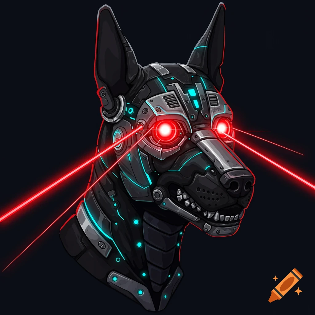 Stylized illustration of a black cyborg dog head with glowing red eyes ...