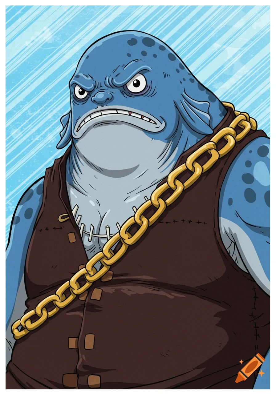 Anime character, an angry blue Fishman with spots, wearing a brown vest ...