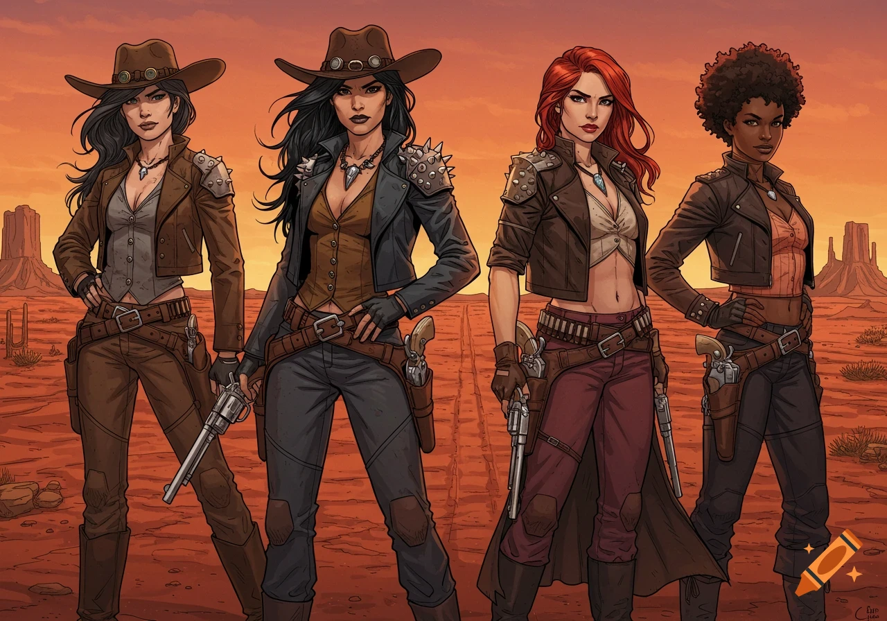 Four women in cowboy hats and gear stand in a desert at sunset. Comic ...