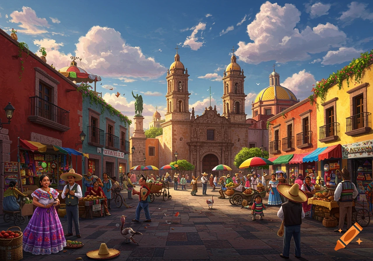 Vibrant market scene in a Mexican town square with colorful buildings ...