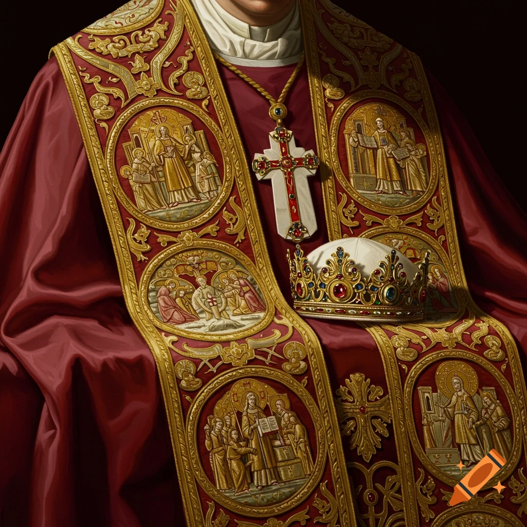 Elaborate red and gold papal robes adorned with religious imagery, a jeweled cross, and a crown ...