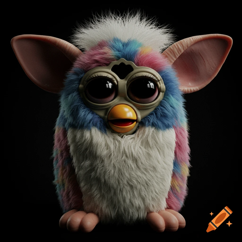 A colorful Furby-like creature with large dark eyes against a black ...